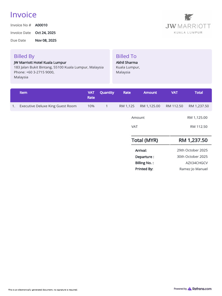 Invoice A00010 JW Marriott Hotel Kuala Lumpur Akhil Sharma | PDF