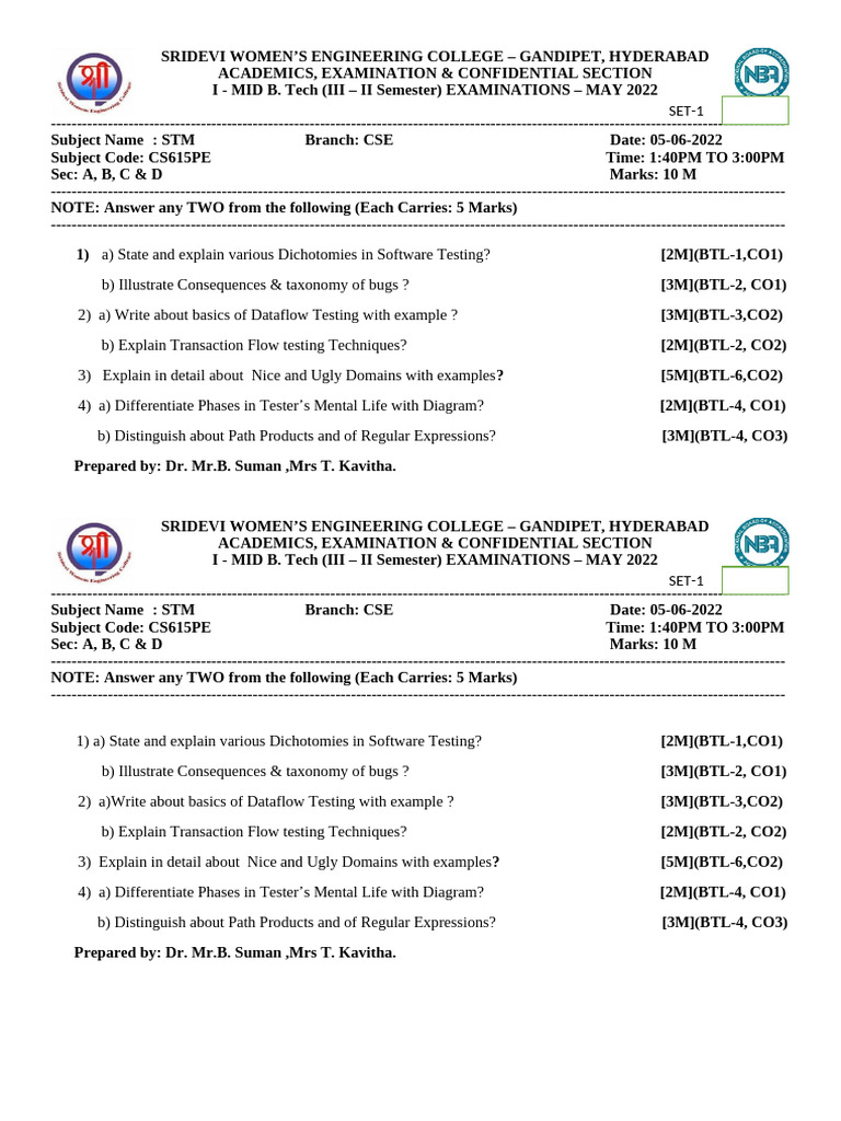 STM Mid Paper-1(2022) | PDF | Software Engineering | Computing