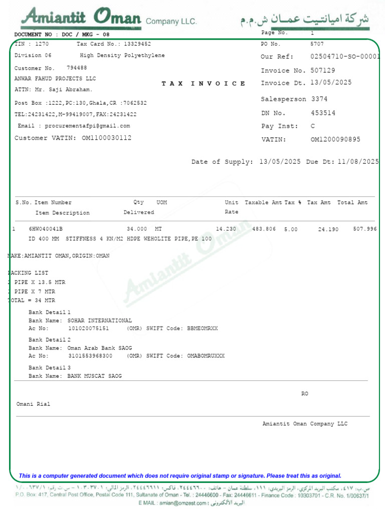 Tax Invoice for HDPE Pipe Supply | PDF | Oman | Economy Of Asia