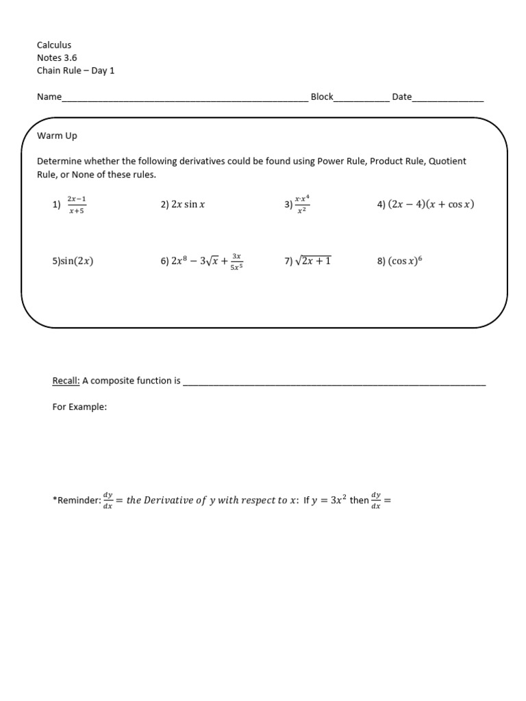 Chain Rule Calculus Notes Day 1 | PDF