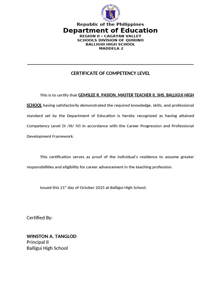 Certificate of Competency Level II/III/IV | PDF