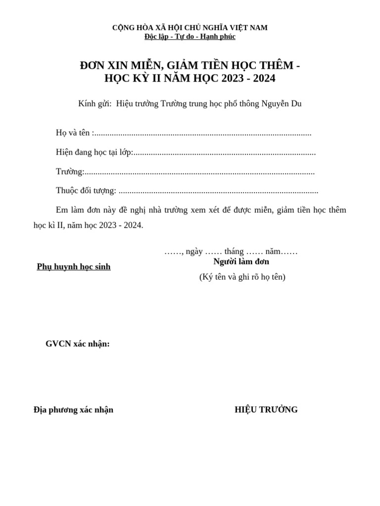 Đơn Miễn Giảm Học Thêm | PDF