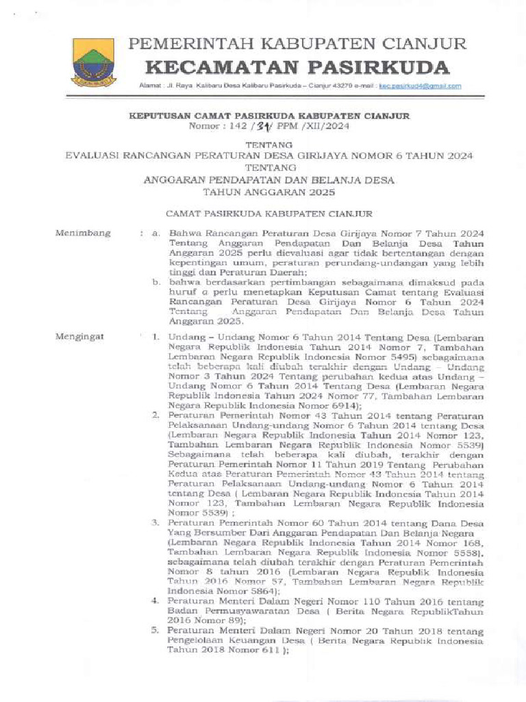 6. SK Camat Ttg Evaluasi APBDes 2025 | PDF