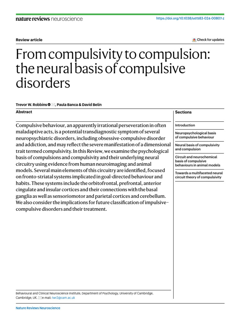 From Compulsivity To Compulsion The Neural Basis of Compulsive ...