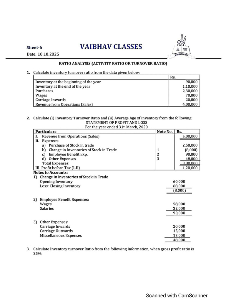Sheet-6 Activity Ratio or Turnover Ratio | PDF