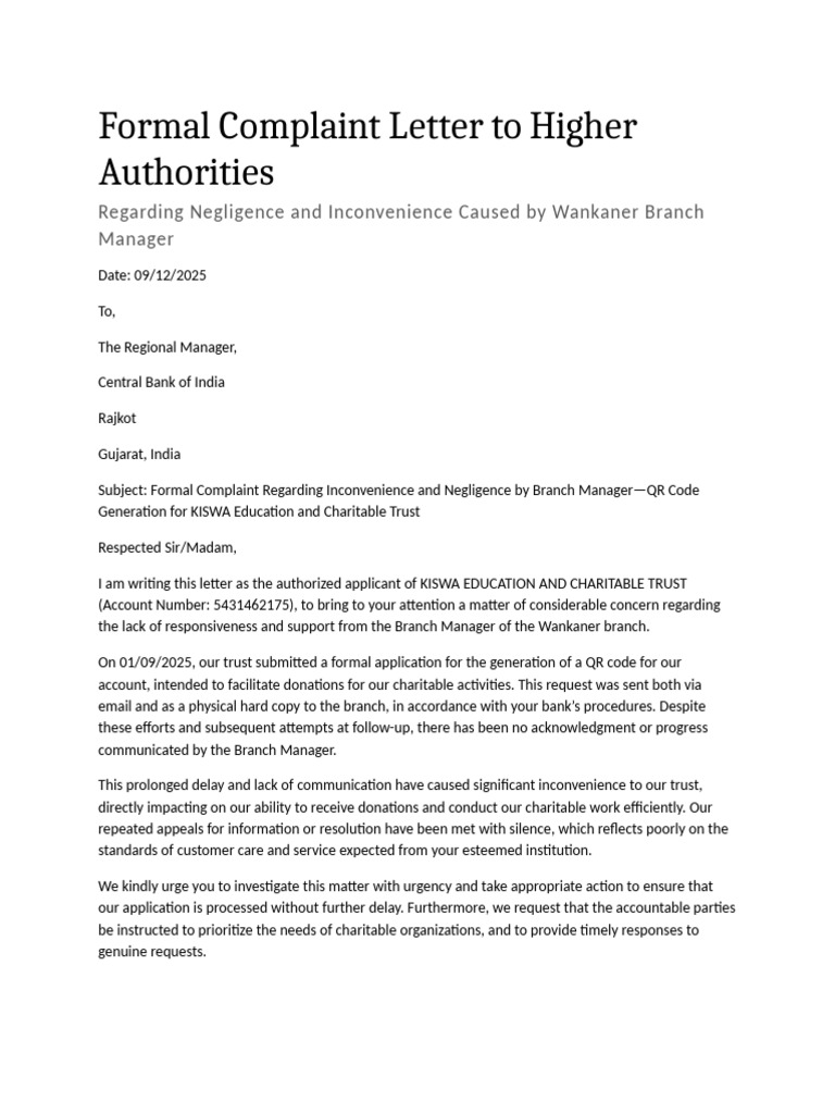 Complaint Against Wankaner Branch Manager | PDF