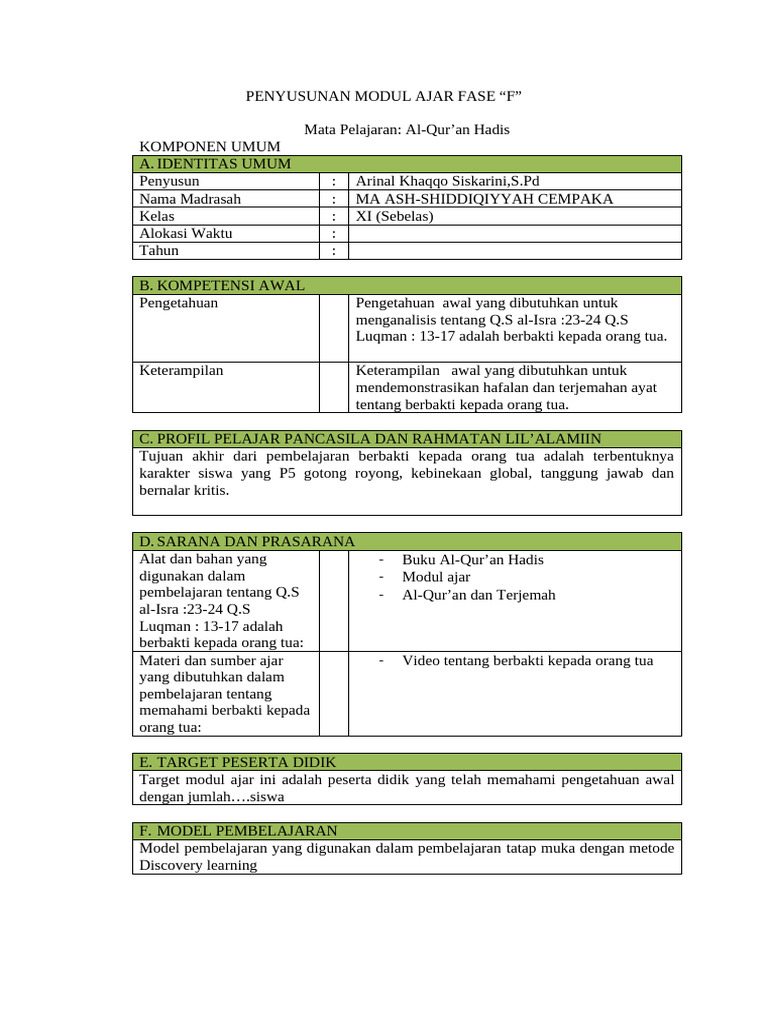 MODUL AJAR QURDIS Kls 11 | PDF