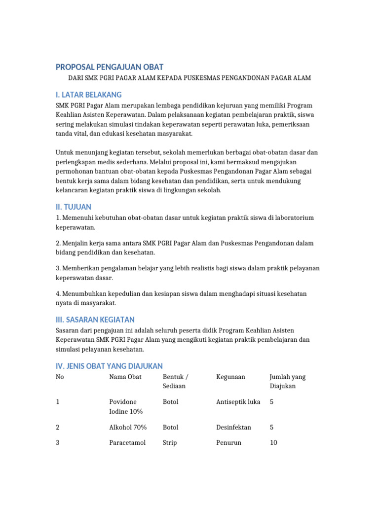 Proposal Obat untuk SMK PGRI Pagar Alam | PDF