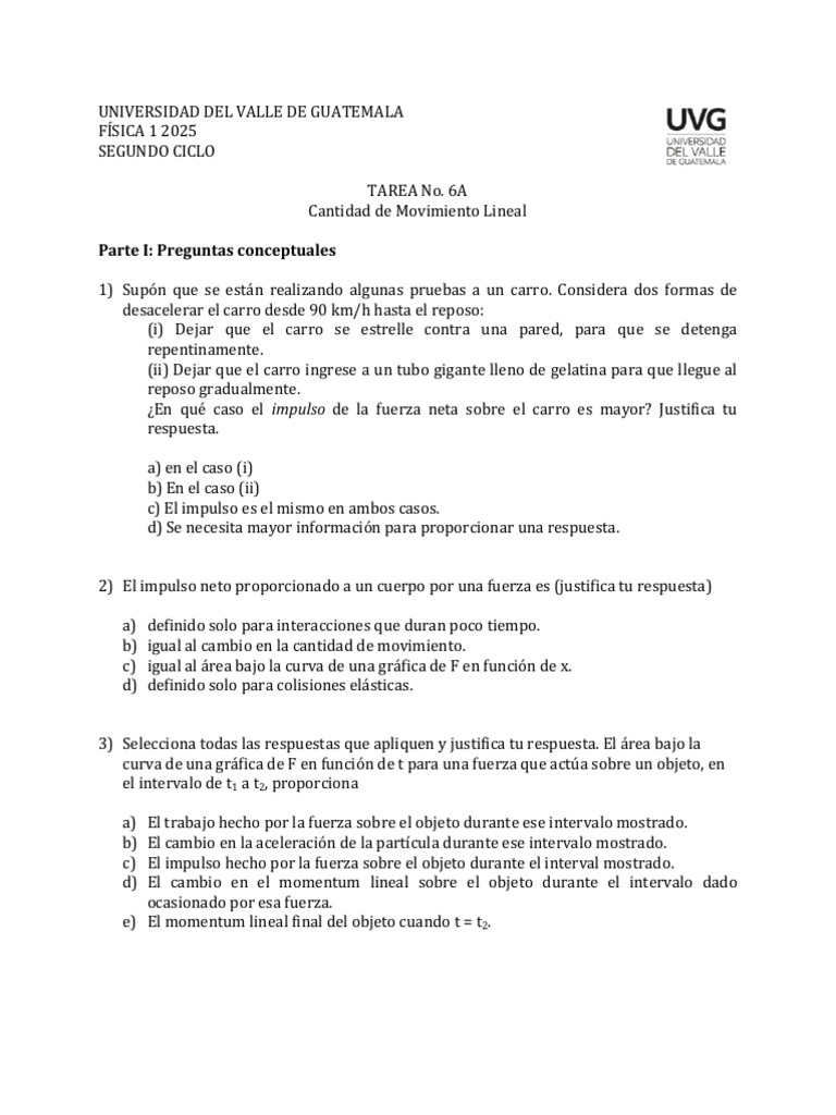 Tarea Momentum Lineal - Parte A - 1 | PDF | Fuerza | Mecánica