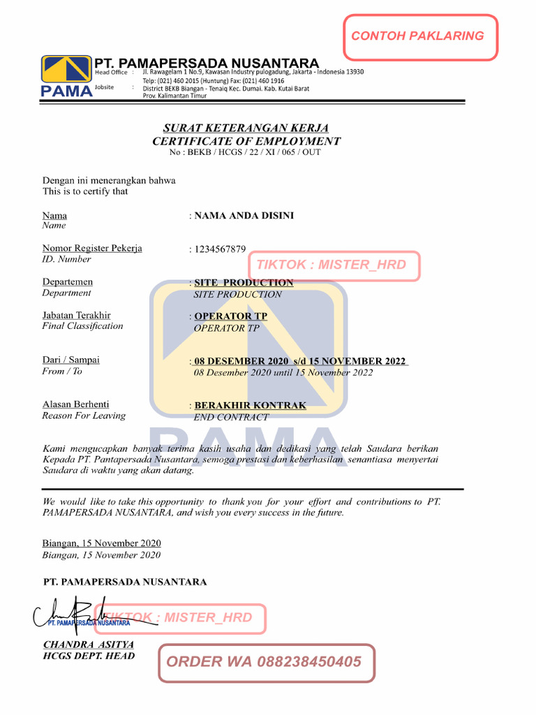 Contoh Paklaring Pamanusapersada | PDF