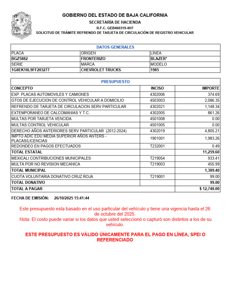 Presupuesto Placas Vehiculares Mexicali | PDF | Vehículos | Transporte