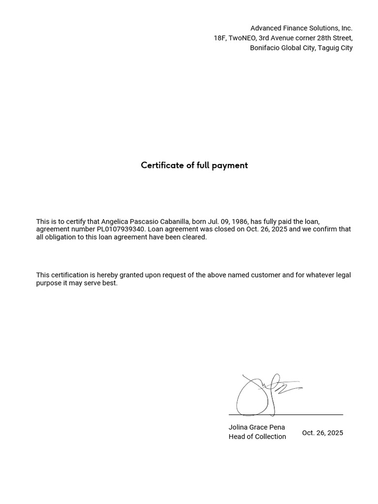 Loan Payment Certification for Angelica Cabanilla | PDF