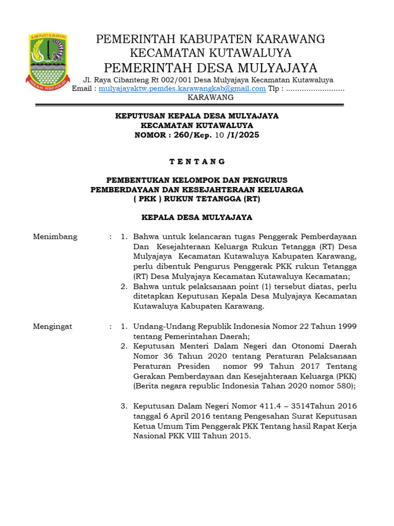 SK PKK RT Desa Mulyajaya | PDF