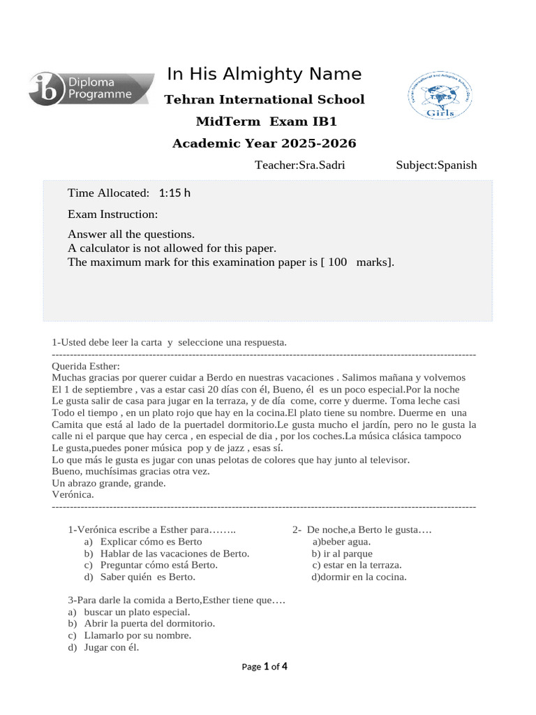 Examen de Español IB1 - Año Académico 2025-2026 | PDF