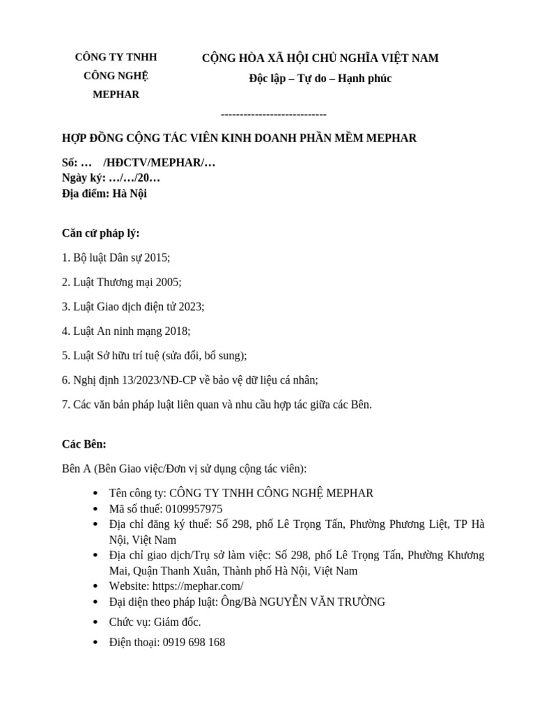 Hop Dong Cong Tac Vien MEPHAR | PDF