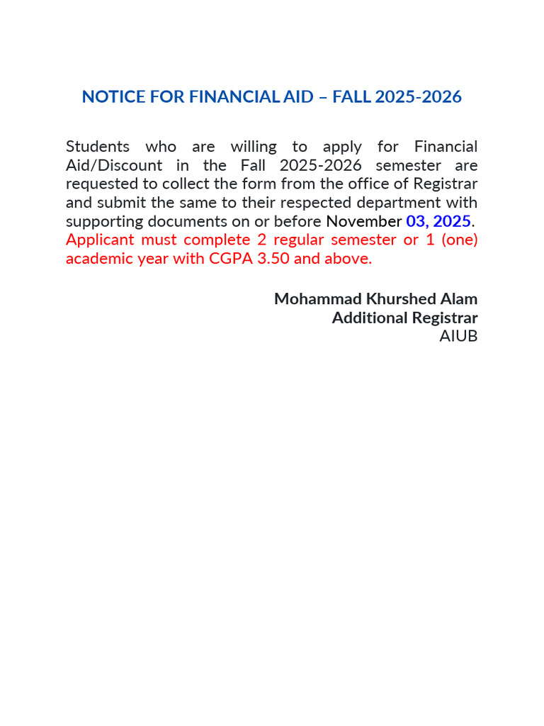 Fall 2025-2026 Financial Aid Notice | PDF