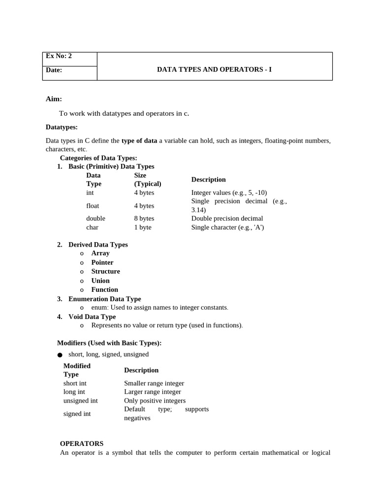 Ex No 2 Data Types and Operators - I | PDF | Data Type | Integer ...