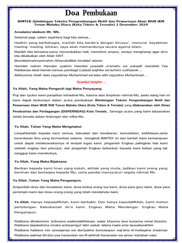 Doa Pembukaan Bimtek Tenun Maluku Utara | PDF