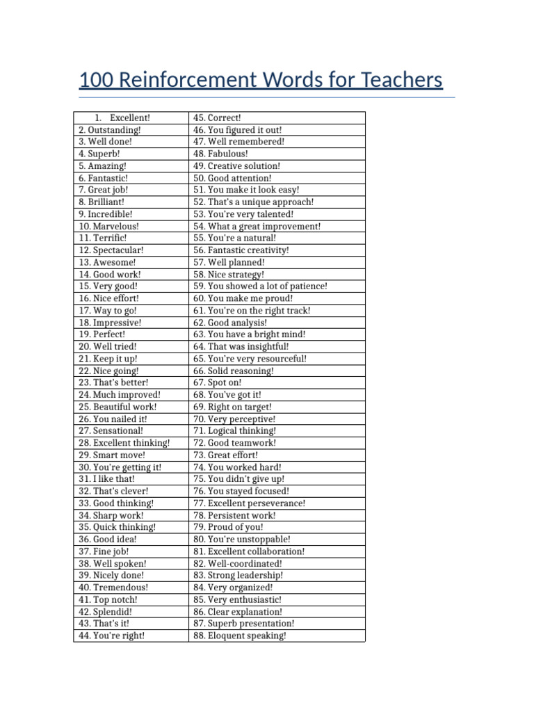Reinforcement Words | PDF