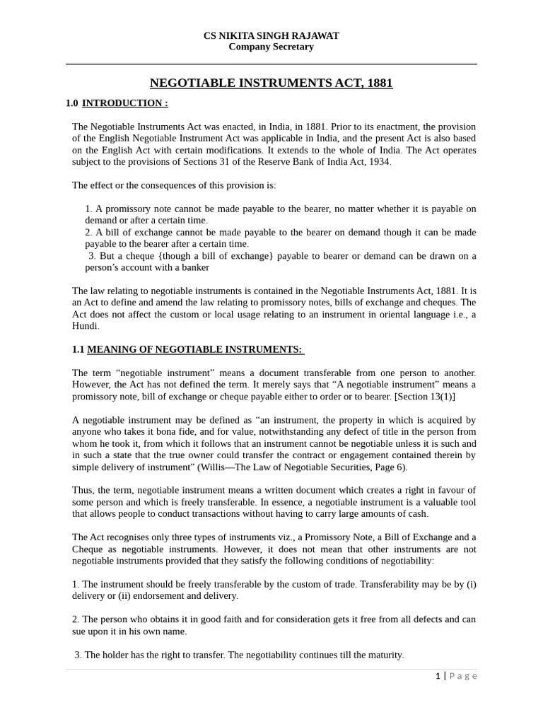 Negotiable Instruments Act | PDF | Negotiable Instrument | Cheque
