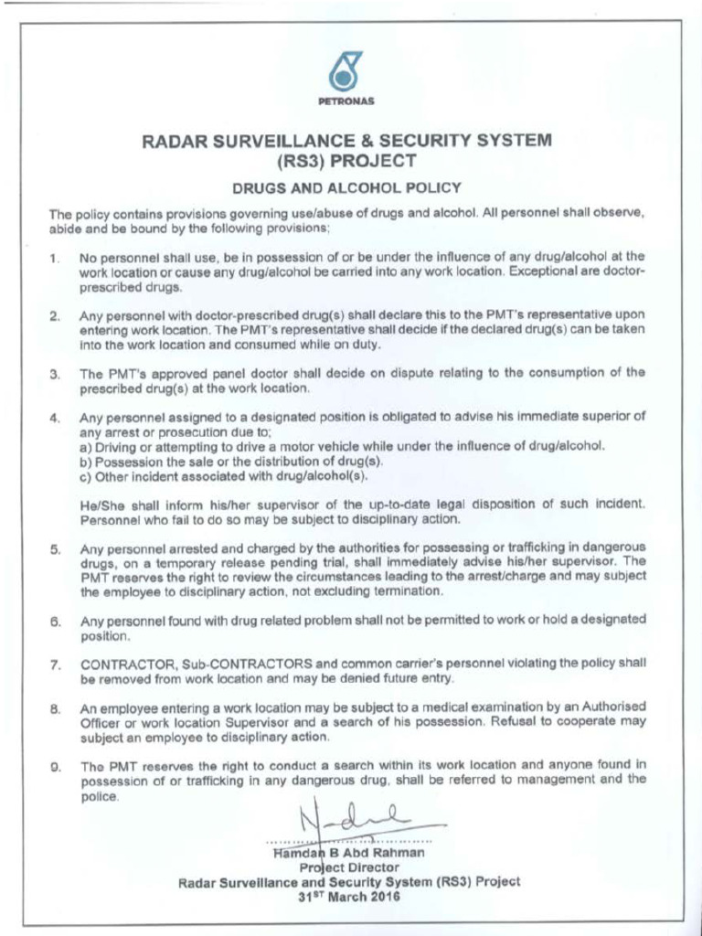 RS3 Drug & Alcohol Policy | PDF