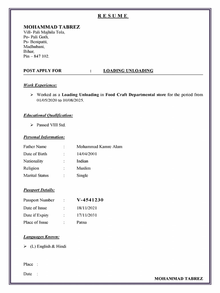 Mohammad Tabrez (Machanical Helper) | PDF