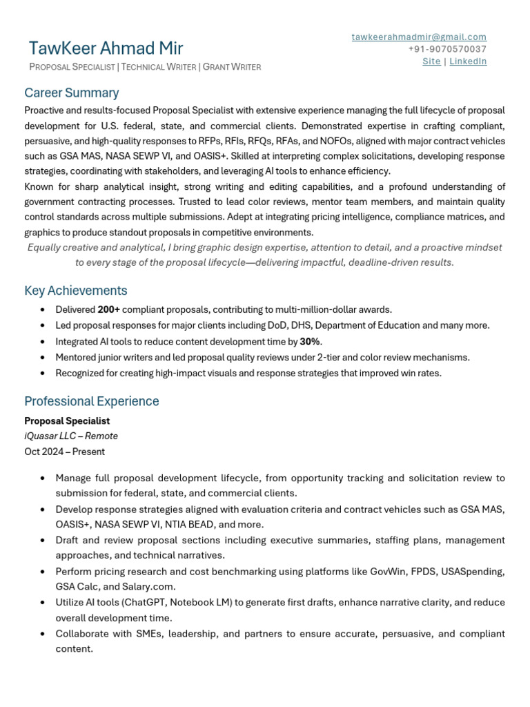 Proposal Specialist & Technical Writer Profile | PDF | Graphic Design