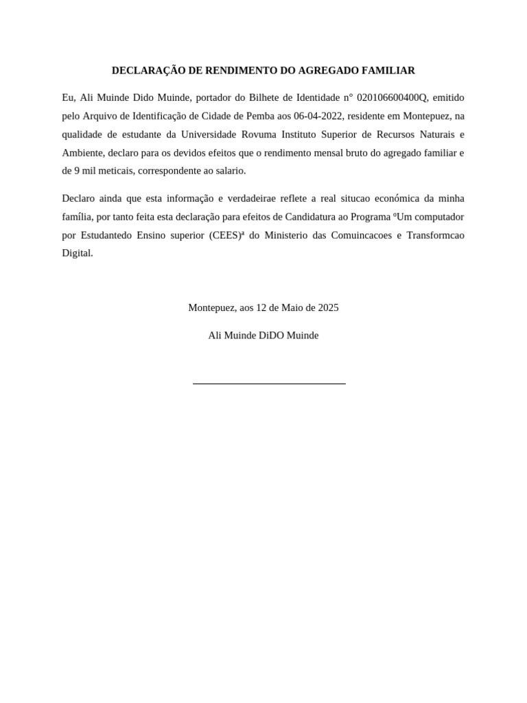Declaração de Rendimento | PDF
