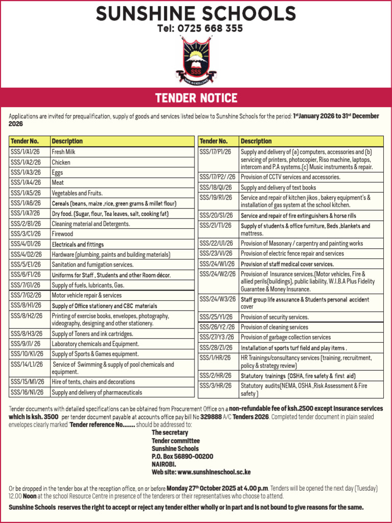 2026 Tender Opportunities for Sunshine Schools | PDF