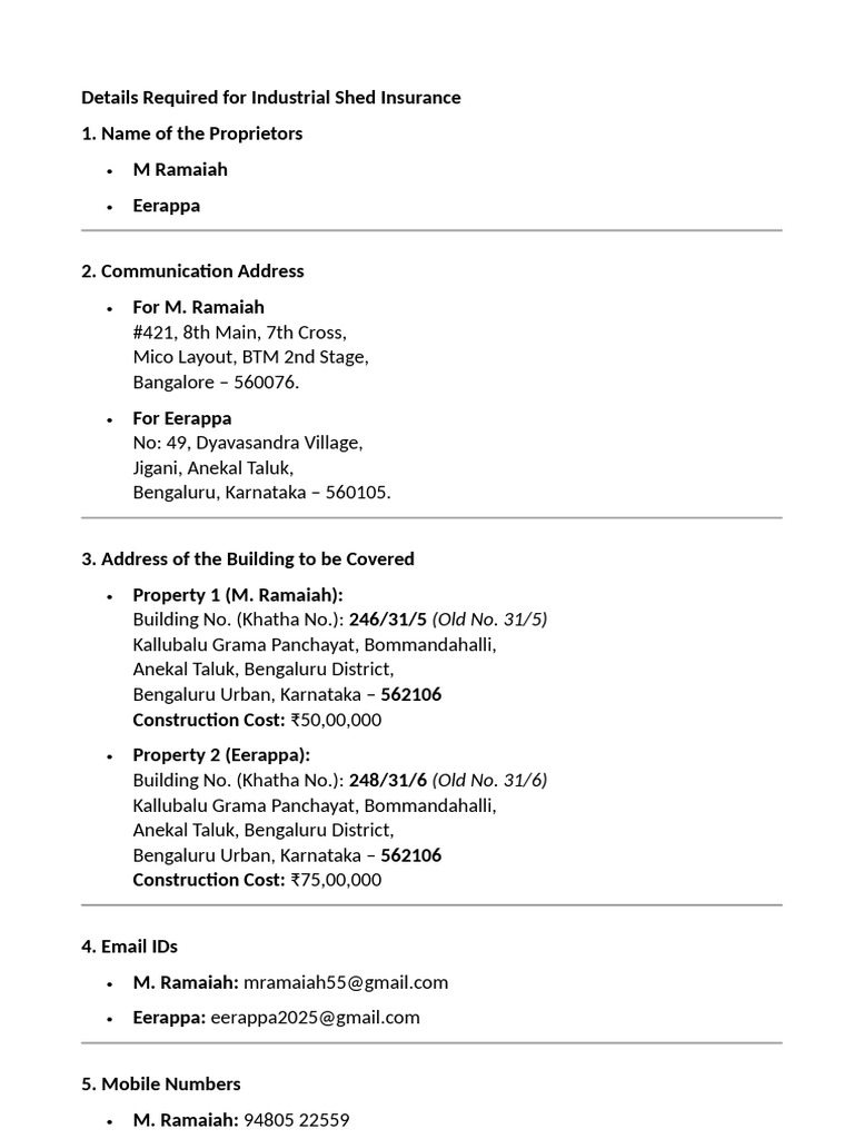 Details Required For Industrial Shed Insurance1 | PDF