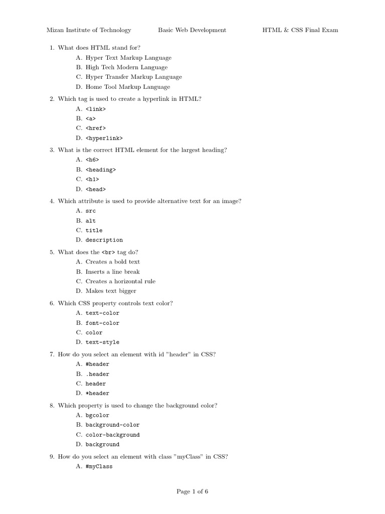 HTML & CSS Final Exam Questions | PDF | Html | Html Element