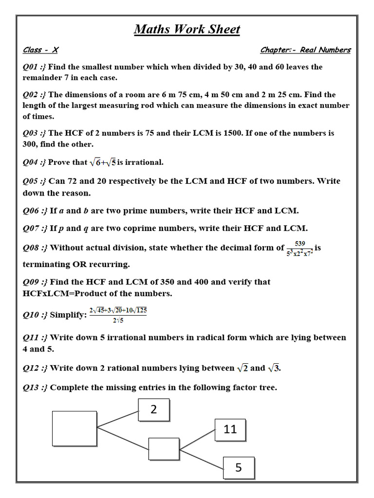 Real Numbers Worksheet for Class X | PDF | Numbers | Mathematical Concepts