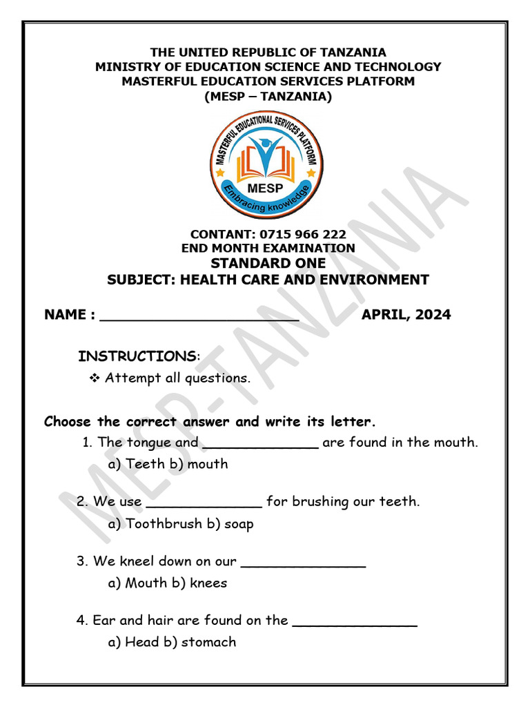 Standard One Health Care Exam 2024 | PDF