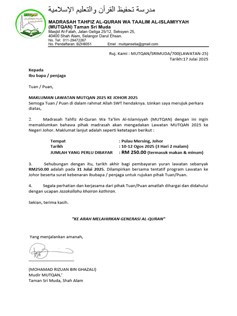 Makluman Lawatan Ke Johor 2025 MUTQAN | PDF