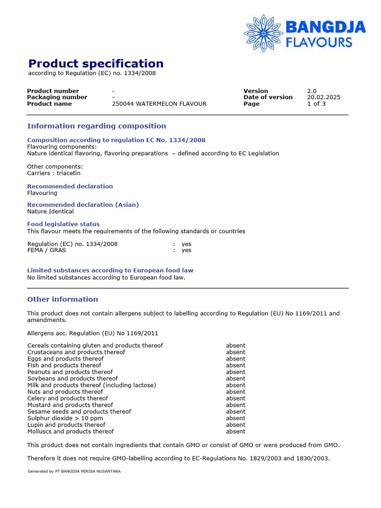 Watermelon Flavor Product Specification | PDF | Food Industry | Foods