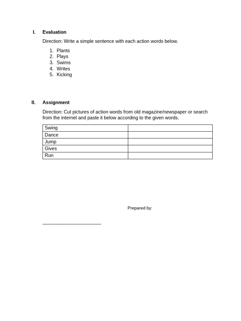 Action Words Sentence and Picture Activity | PDF