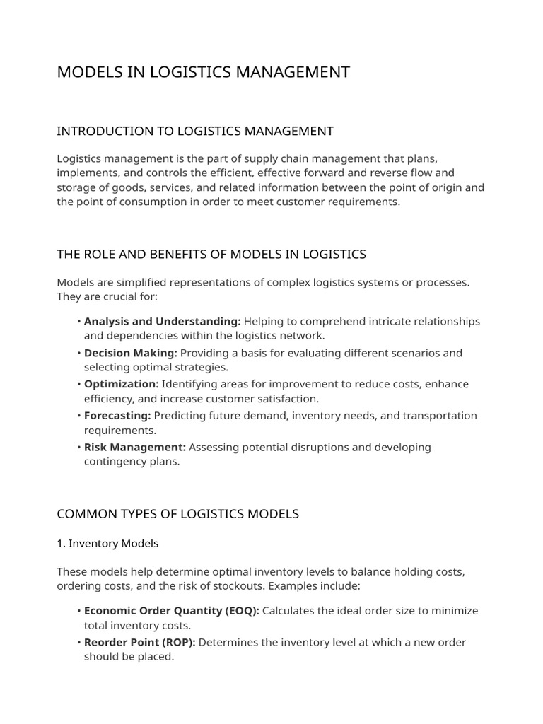 Logistics Management Models Overview | PDF | Logistics | Inventory