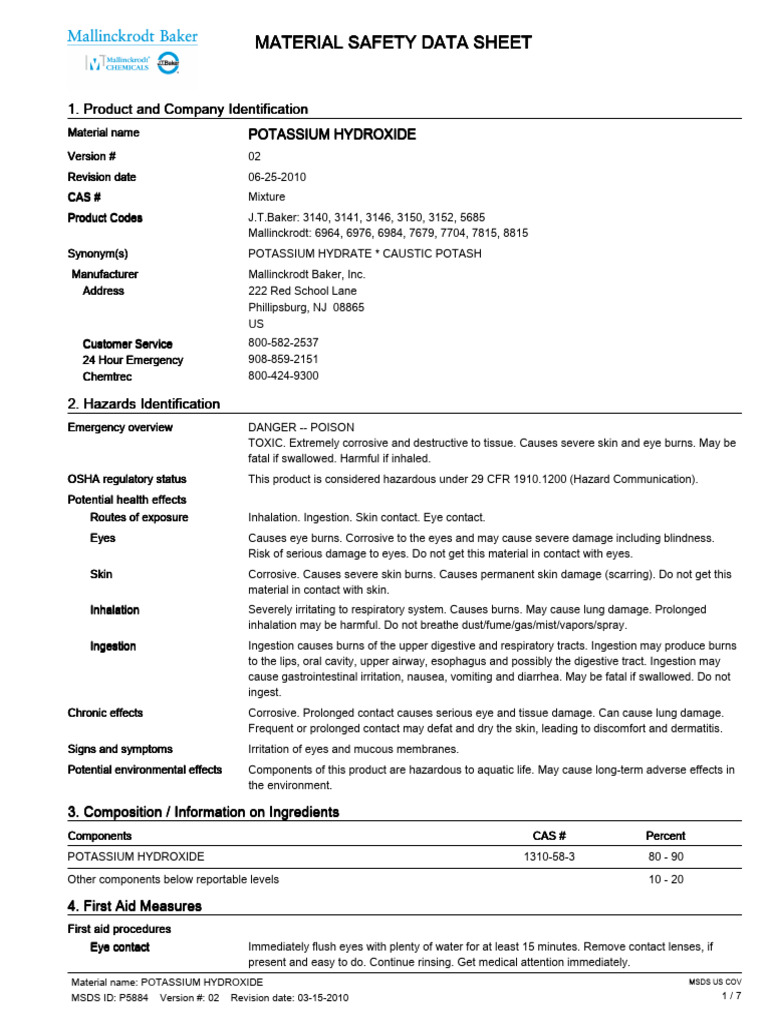 Potassium Hydroxide MSDS Overview | PDF | Dangerous Goods | Water