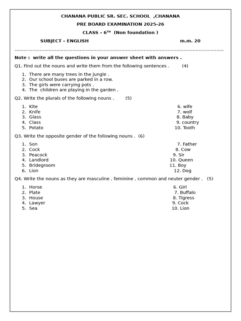 Class 6th English Paper | PDF