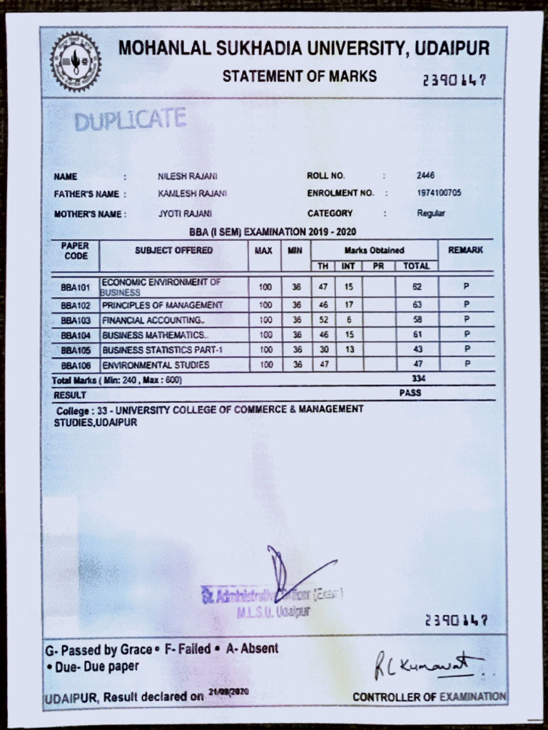 BBA Examination Marks Statement Udaipur | PDF | Business | Business ...