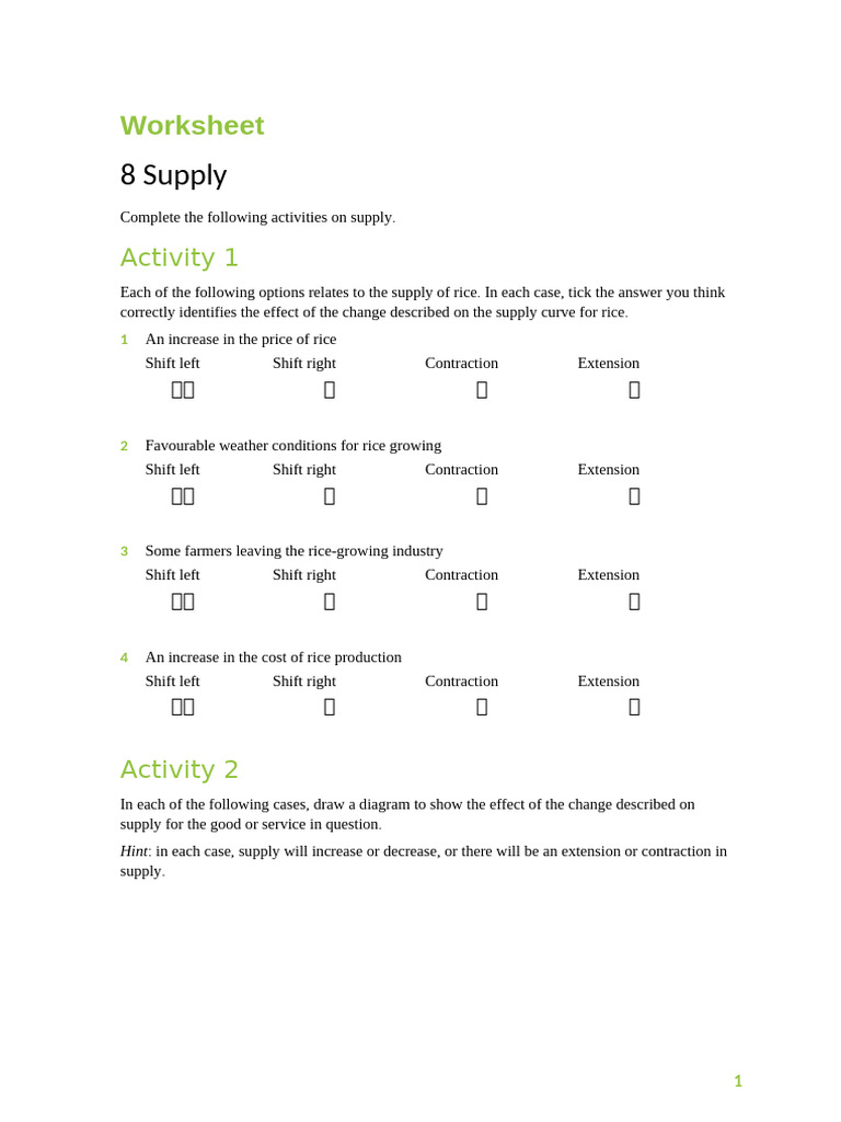 IGCSE Economics: Supply Worksheet | PDF