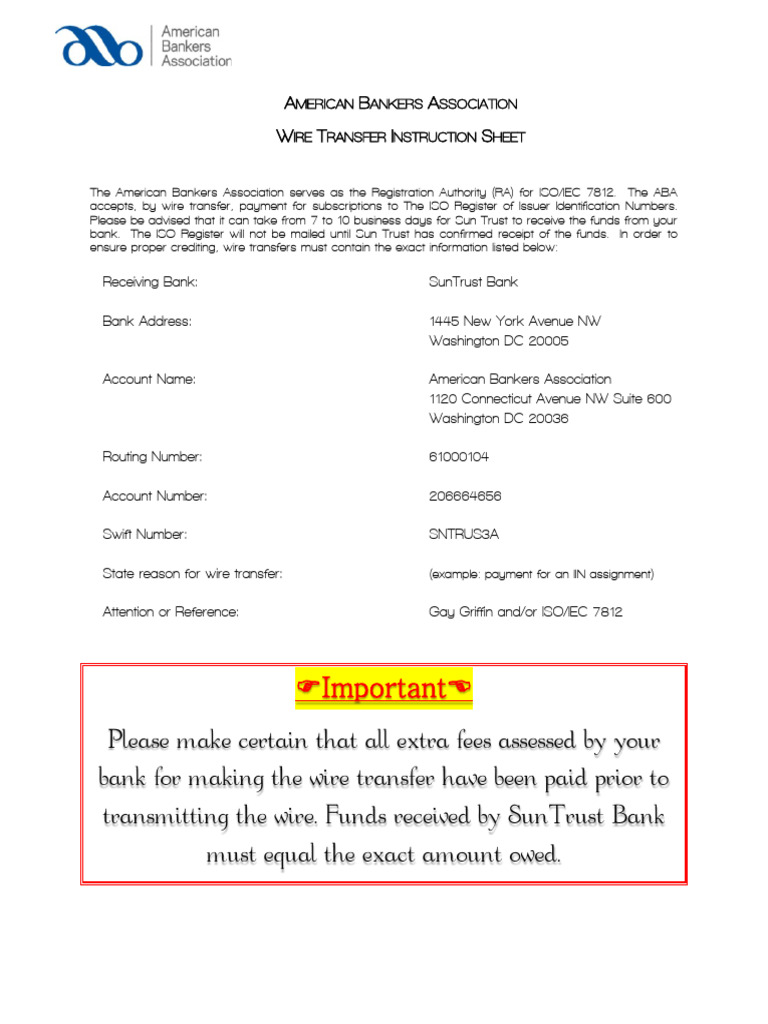 ABA Wire Transfer Instructions Guide | PDF | Credit Card | Wire Transfer