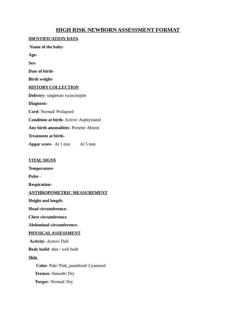 High Risk Newborn Assessment Forma1 | PDF