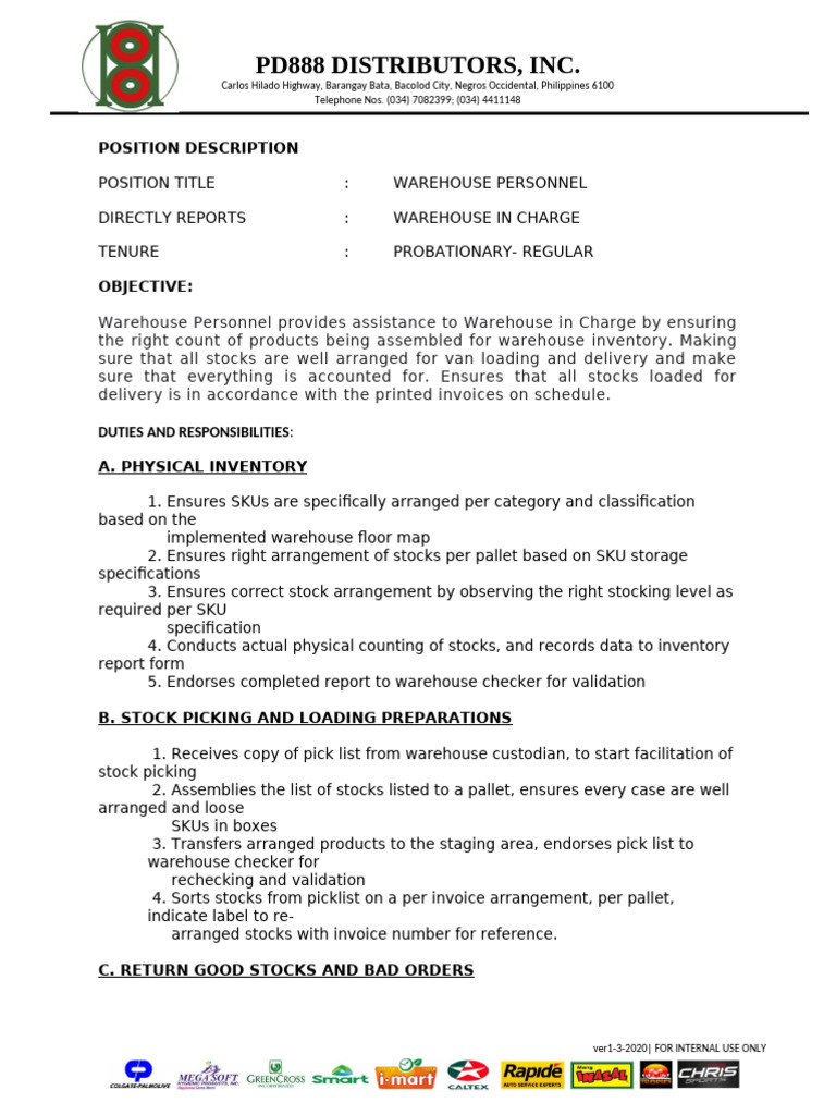 Warehouse Personnel Duties Overview | PDF | Warehouse | Business
