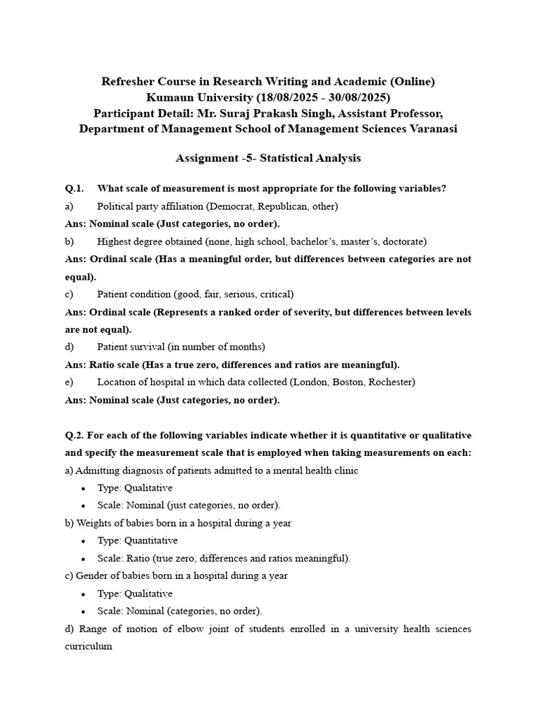 Assignment - 5 - Statistical Analysis - Suraj Prakash Singh | PDF | Level Of Measurement