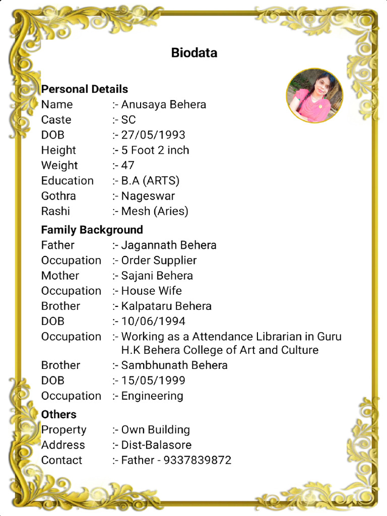 Anusaya Behera Biodata | PDF