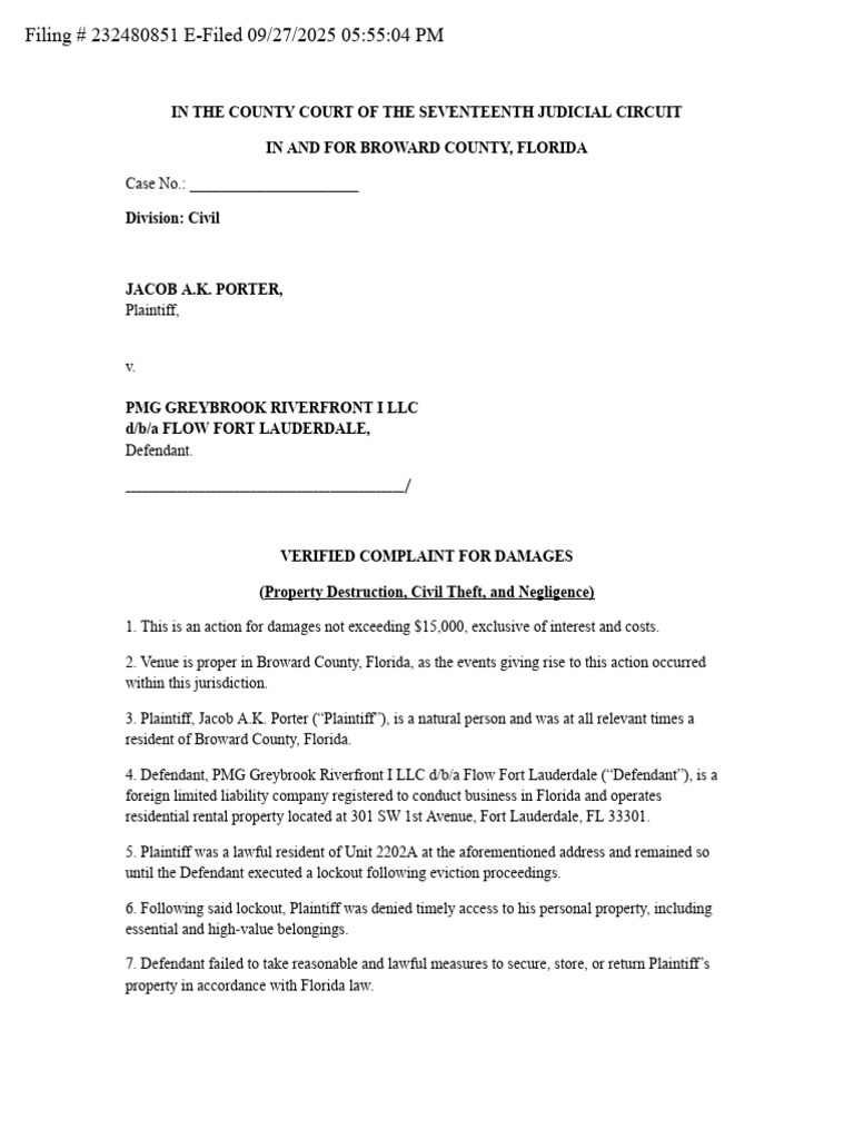 Complaint for Property Damage in Florida | PDF | Damages | Negligence