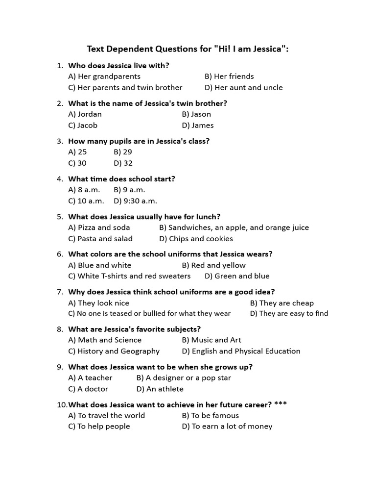 Text Dependent Questions For Hi I Am Jessica p16 | PDF