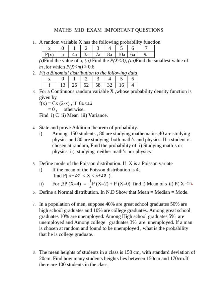 MSF Mid - I Imp Questions | PDF | Probability Distribution | Poisson ...