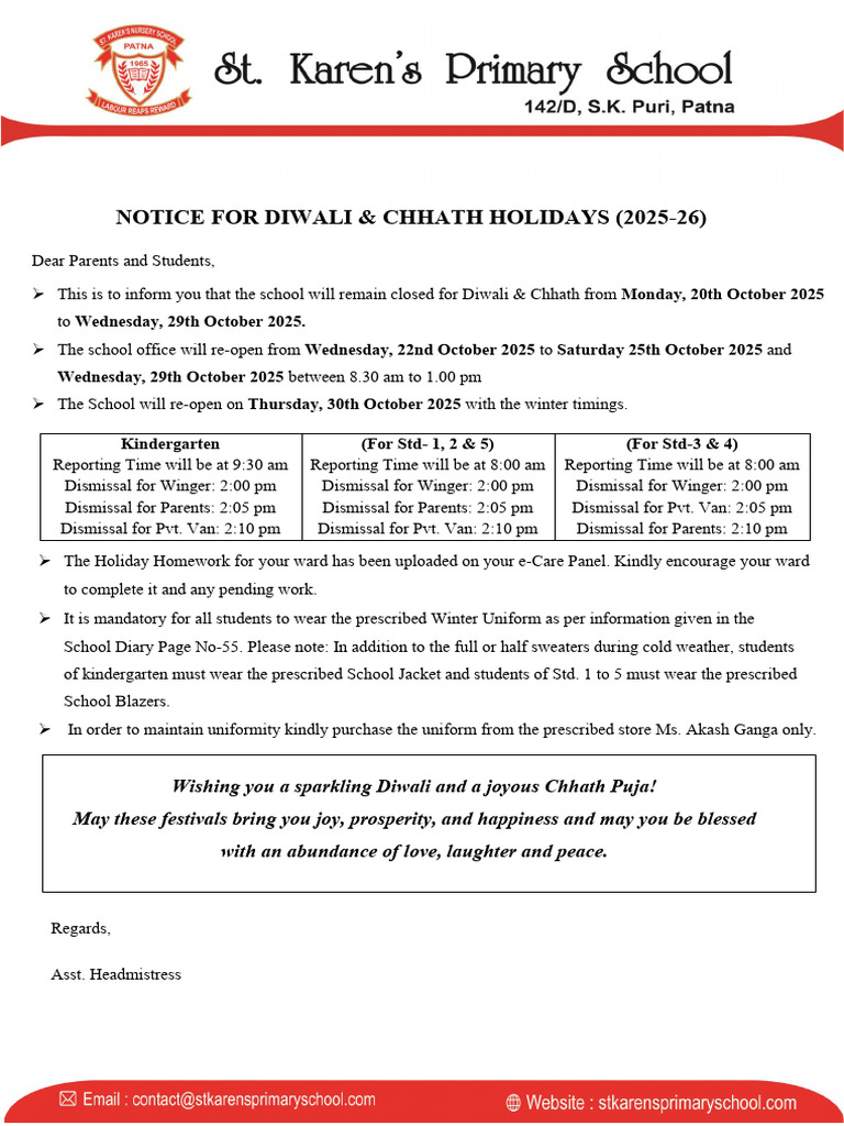 Notice For Diwali & Chhath Holidays (2025-26) | PDF